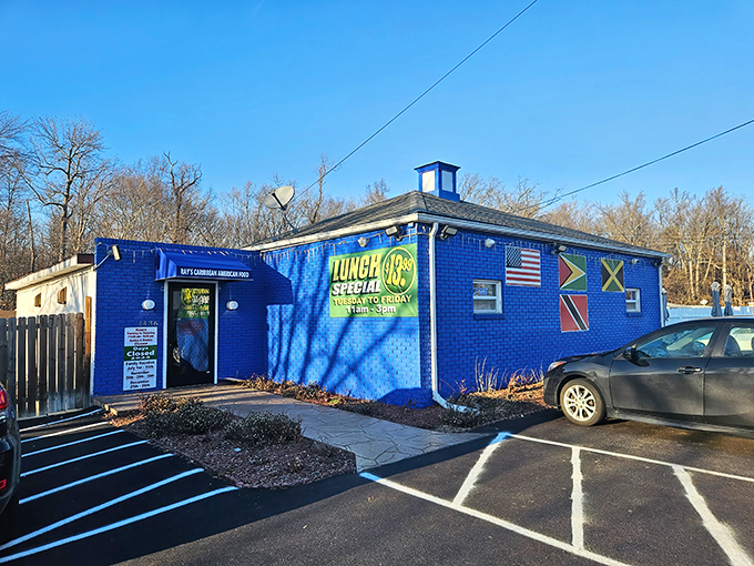 The electric blue building stands out like a Caribbean island in suburban Maryland – a colorful beacon calling all flavor-seekers home.