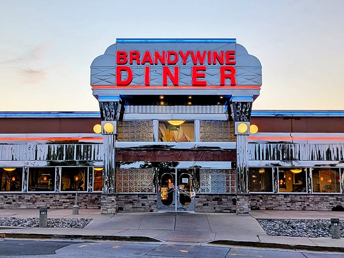 As dusk settles, the Brandywine Diner's illuminated façade transforms into a glowing temple of comfort food that promises delicious redemption for empty stomachs.