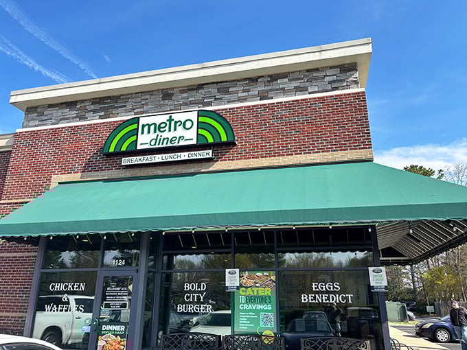 The iconic green-and-white Metro Diner sign promises three sacred meals daily. This isn't just eating—it's a Virginia ritual.