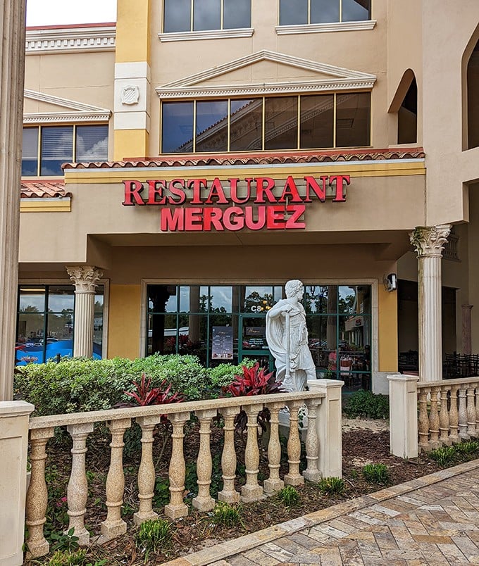 1. this no The Mediterranean-inspired façade of Merguez Restaurant stands out in Orlando like a delicious mirage, complete with classical columns and a welcoming stone balustrade.frills restaurant in florida serves up the best lamb couscous you'll ever taste