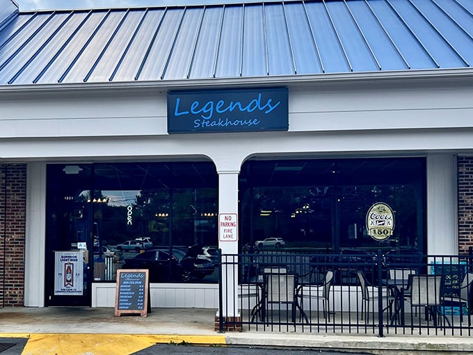 The unassuming blue sign promises more than it shows – like finding a Rolex in a paper bag. Legends Steakhouse keeps its focus on what matters: the food.