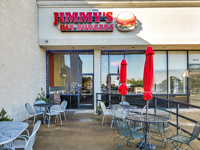 The unassuming storefront of Jimmy's Big Burgers beckons with its bright red sign – proof that culinary treasures often hide in plain sight.
