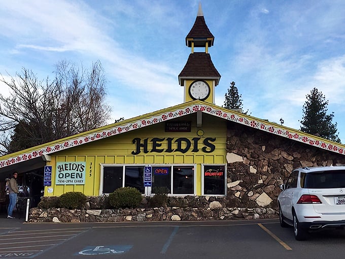 Bathed in California sunshine, Heidi's bright exterior and folk-art trim beckons hungry travelers with the promise of mountain-sized breakfast portions.