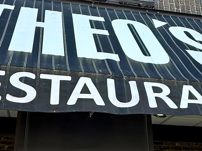 The unassuming black awning of Theo's Restaurant stands as a beacon for hungry travelers – Cambridge's culinary landmark hiding in plain sight.
