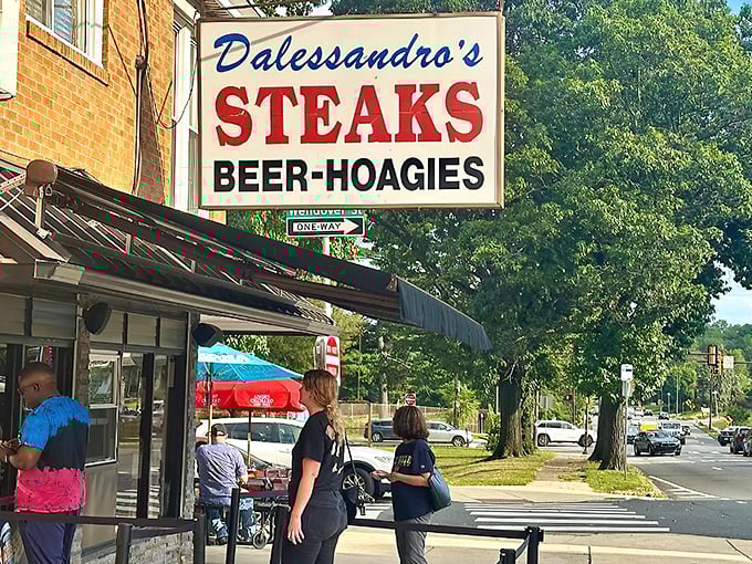 This side-mounted sign has guided cheesesteak aficionados through Philadelphia's sandwich landscape for decades. Simple, direct, delicious.