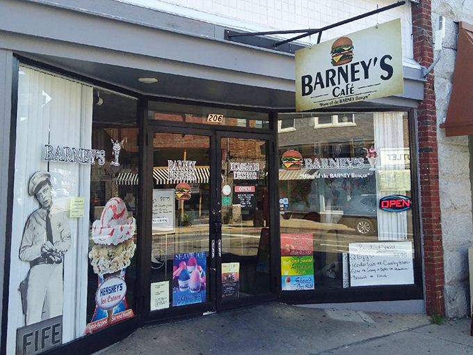 The storefront says it all – Mayberry magic meets burger paradise at Barney's Cafe, where Andy Griffith's spirit lives on in every bite.