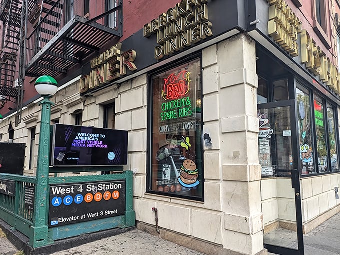 Classic Greenwich Village corner charm meets subway convenience - your eggs Benedict adventure starts here.
