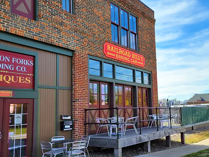 A different angle reveals Railroad Bill's true character—a brick fortress of flavor nestled among antique shops, where breakfast dreams come true.