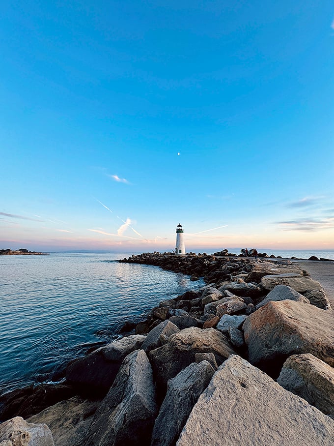 Morning fog or afternoon sunshine, Walton Lighthouse stands sentinel at Santa Cruz Harbor's entrance like California's answer to a maritime snow globe.