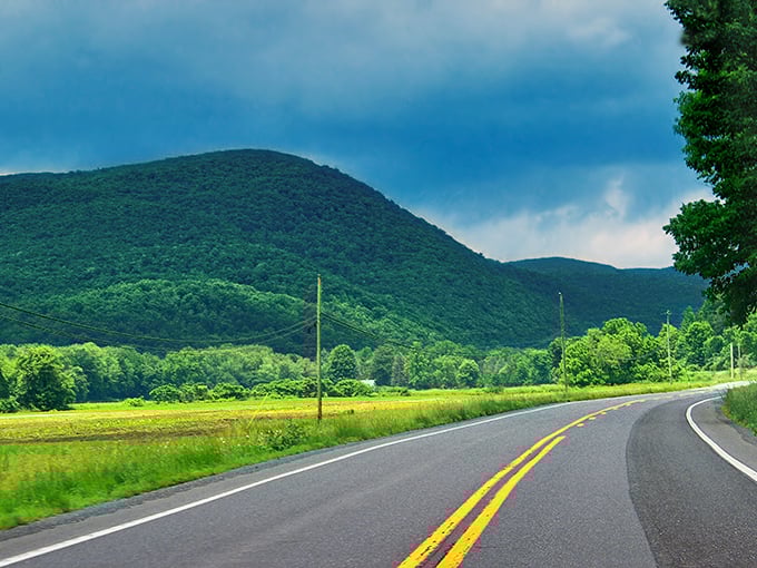 Mother Nature showing off her curves where asphalt meets emerald mountains. Pennsylvania's version of a runway model, just with better scenery.