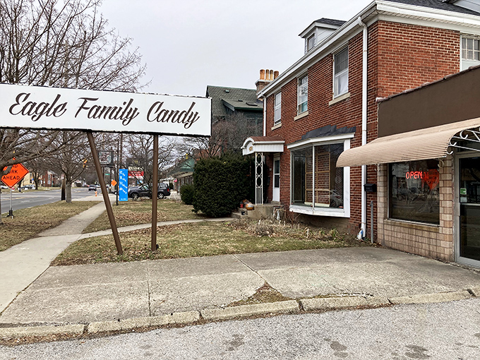 The unassuming red brick exterior of Eagle Family Candy Co. proves once again that the best sweet treasures often hide in plain sight.