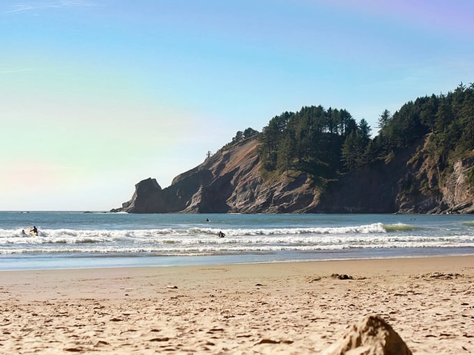 From the forest trail's edge, Short Sand Beach reveals itself like nature's own grand finale performance.