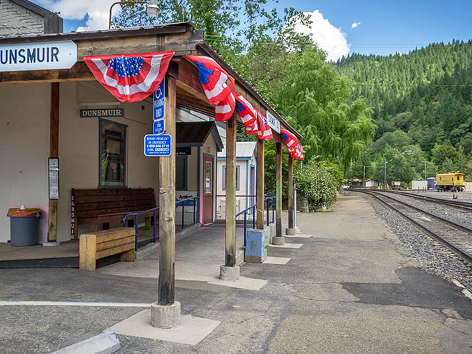 The Dunsmuir train station, where patriotic bunting meets mountain views, offering a Norman Rockwell scene that Instagram filters try desperately to recreate.