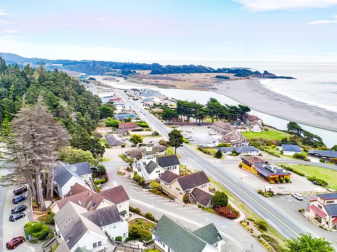 Gualala from above looks like California coastal perfection – where Highway 1 meets the Pacific in a dance of small-town charm and natural splendor.