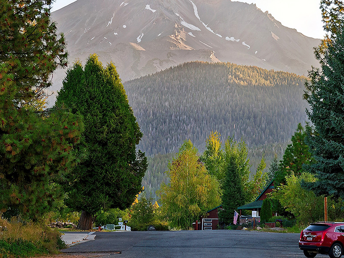 Mount Shasta dominates the skyline like a watchful guardian, turning an ordinary small-town street into a postcard-perfect scene that never gets old.