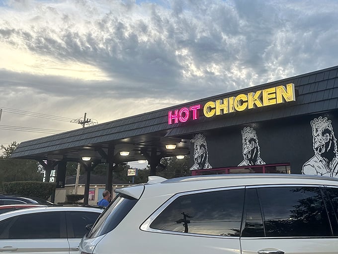 The dramatic sky seems to be celebrating what's happening inside – a chicken revolution that's changing Lakeland's culinary landscape one crispy bite at a time.