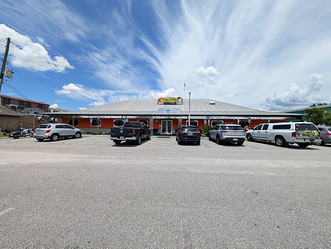 A full parking lot is often the best restaurant review – this busy morning scene at Egg City Diner speaks volumes about what awaits inside.