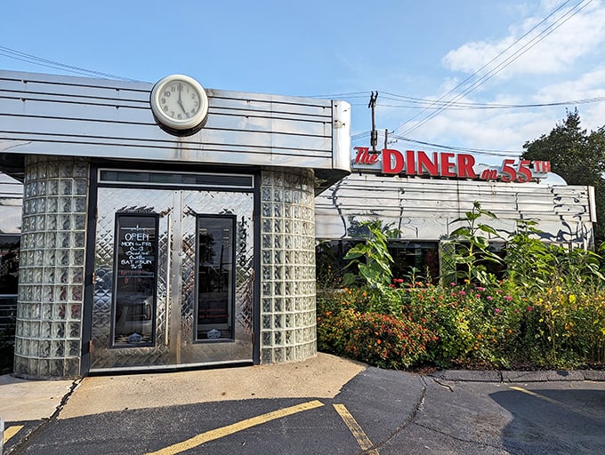 Time stands still at this gleaming stainless steel time machine, where the vintage clock above the entrance always says "it's time to eat!"