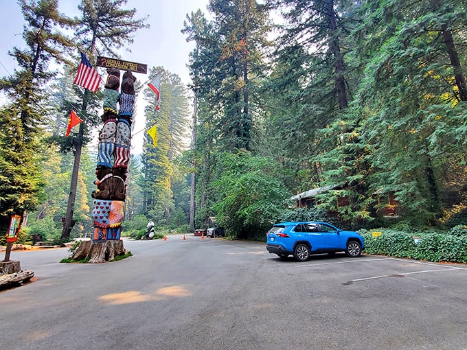 A colorful totem pole stands sentinel at the entrance, welcoming visitors with carved faces and vibrant patterns against the majestic redwood backdrop.