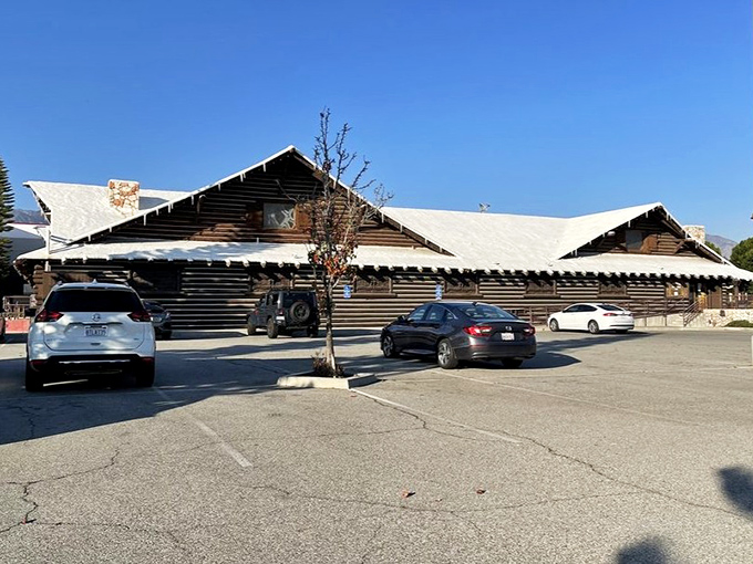 The ultimate mountain mirage in Southern California – a log cabin steakhouse complete with perpetual snow on the roof, even in 90-degree weather!