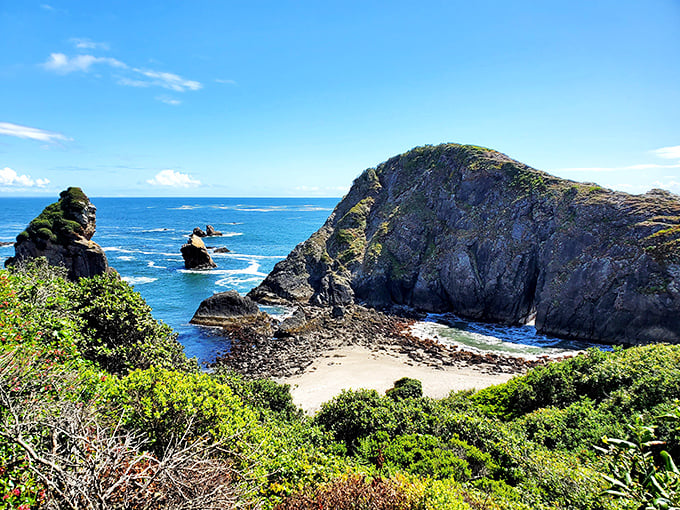 Nature's masterpiece unfolds at Harris Beach, where massive sea stacks rise from the Pacific like ancient sentinels guarding Oregon's spectacular southern coastline.