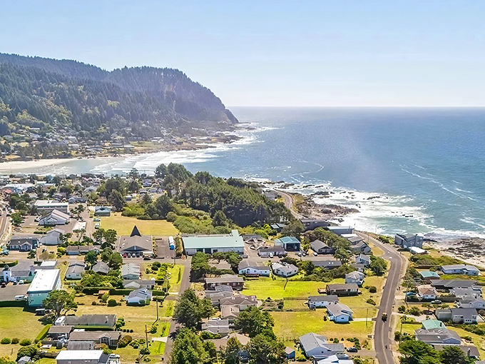 The ultimate bird's-eye view of Yachats, where forest meets ocean in a geographical handshake that would make Mother Nature proud.