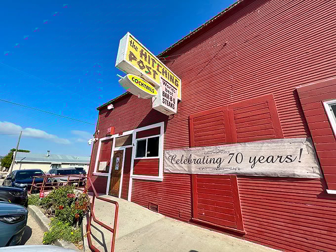 That sign boldly proclaiming "World's Best BAR-B-Q STEAKS" isn't just frontier bravado—it's a promise The Hitching Post has been keeping for generations of hungry Californians.