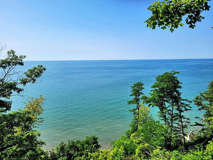 The endless blue horizon of Lake Erie meets pristine shoreline – Mother Nature's version of infinity pool, minus the cocktail service.