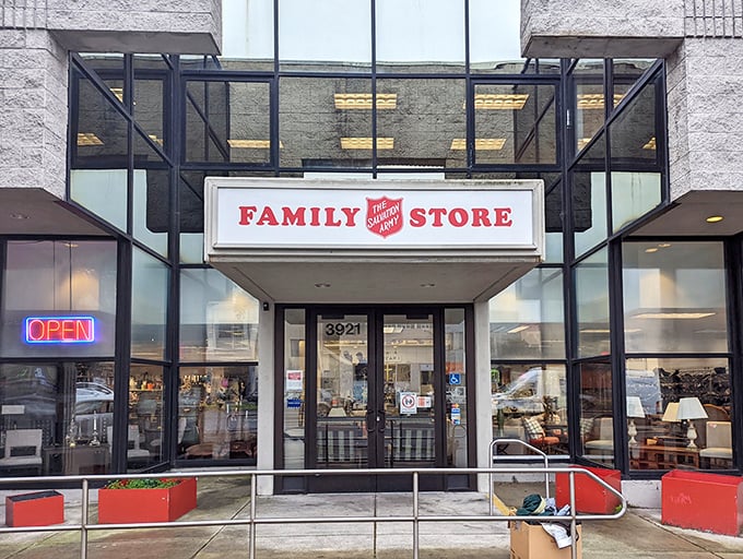 The unassuming storefront of Salvation Army's Family Store on Geary Boulevard – where San Francisco's greatest treasure hunt begins daily.