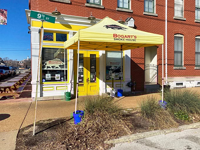 The cheerful yellow storefront of Bogart's stands out like a BBQ beacon in St. Louis' historic Soulard neighborhood, promising smoky delights within.