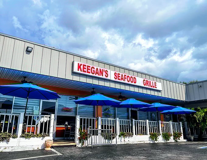The unassuming exterior of Keegan's belies the culinary treasures within – those bright blue umbrellas practically whisper "fresh seafood served here!"