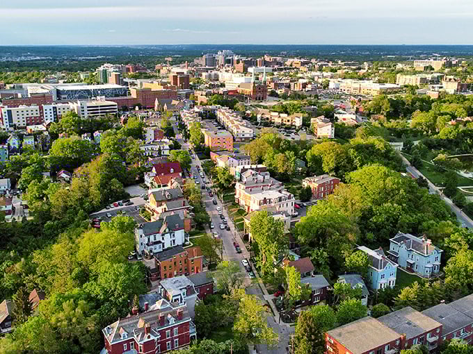 Aerial view of Clifton showcases this charming Ohio town nestled among lush greenery, where history and nature create the perfect small-town symphony.