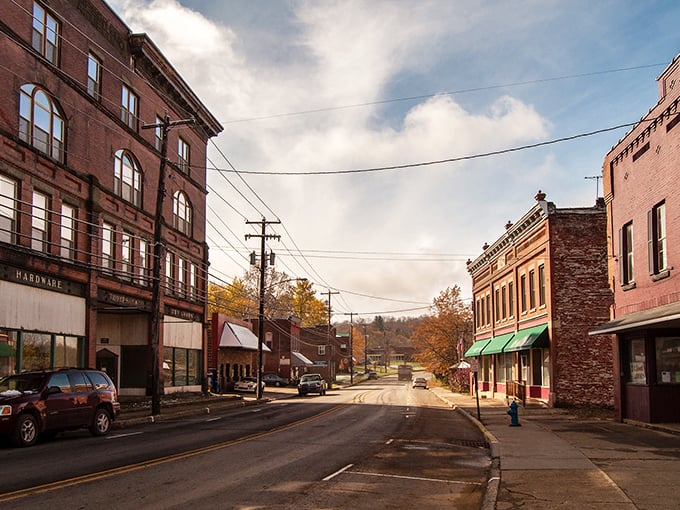 Historic brick buildings line Mount Jewett's Main Street, where time seems to slow down and the Allegheny Mountains provide a perfect backdrop.