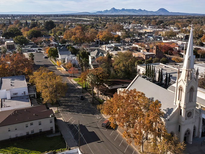 Autumn paints Marysville in gold and amber, with that church spire standing like a sentinel watching over generations of California dreamers.