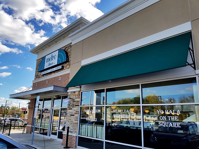 Metro Diner's inviting exterior promises comfort food paradise with its signature teal awning and stone-brick façade. Pennsylvania's answer to diner heaven awaits inside.