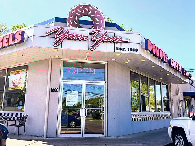 That iconic donut sign isn't just decoration – it's a beacon calling hungry souls to breakfast paradise.