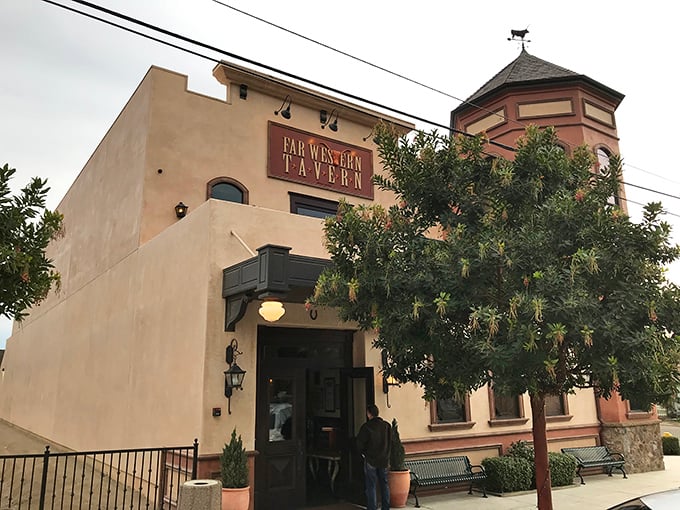The iconic Far Western Tavern stands proudly in Orcutt, its distinctive tower and warm adobe exterior promising culinary adventures within. California ranching heritage in architectural form.
