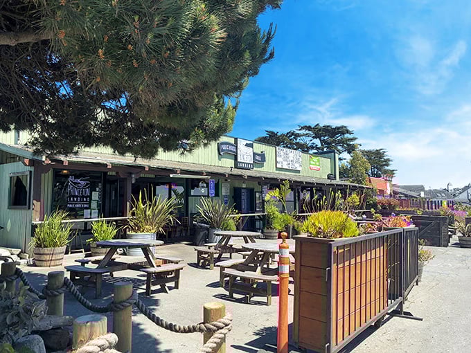 Picnic tables and coastal plants create the perfect laid-back vibe—like your coolest friend's backyard, if your friend happened to serve incredible seafood.