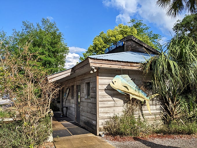 Old Florida charm at its finest—this weathered wooden facade with its hanging fish is the culinary equivalent of "don't judge a book by its cover."