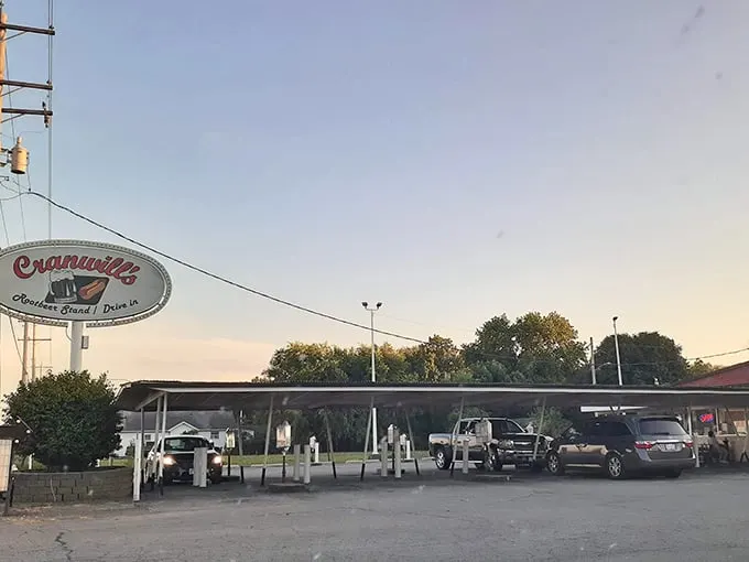 Catching the golden hour at Cranwill's, where the sign promises root beer dreams and the parking spots offer front-row seats to culinary nostalgia.