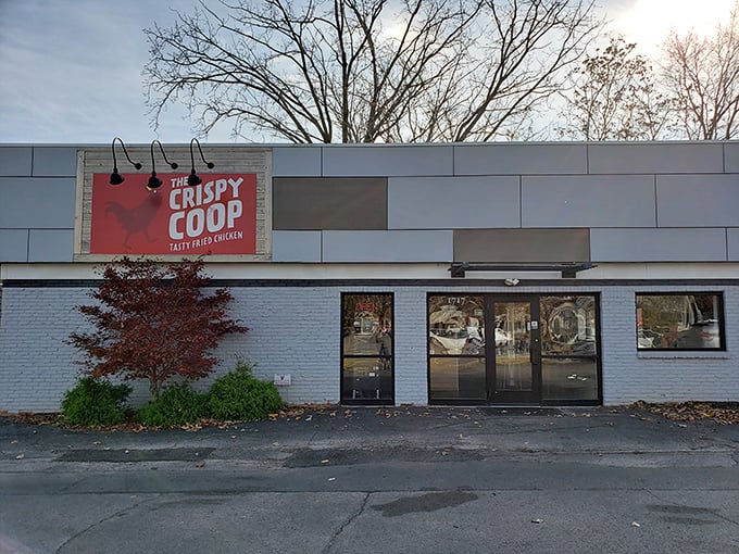 The unassuming exterior of The Crispy Coop belies the flavor explosion waiting inside. Like finding a diamond in a strip mall.