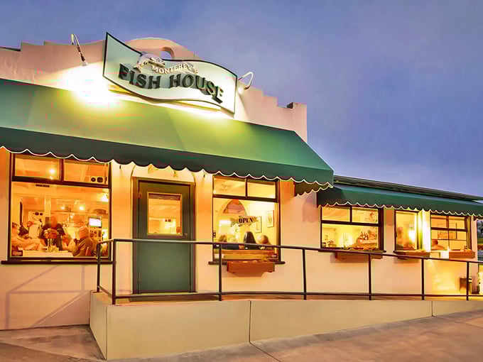 The unassuming exterior of Monterey's Fish House glows with promise at dusk, like a lighthouse beckoning hungry sailors to safe harbor.