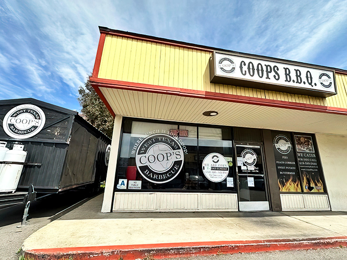 The bright yellow exterior of Coop's BBQ stands like a beacon of hope for hungry travelers. Texas-style barbecue in California? Yes, please!
