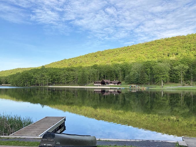 Mirror, mirror on the lake! Poe Valley's glassy waters perfectly reflect the surrounding hills, creating nature's own double feature.