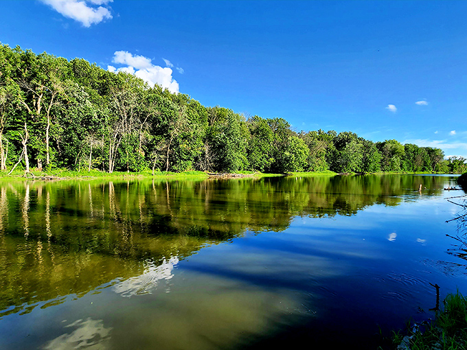 A glassy river winds through lush Wisconsin wilderness, untouched and tranquil. This hidden gem of a state park offers pure serenity—and a quiet glimpse into nature’s timeless rhythm.