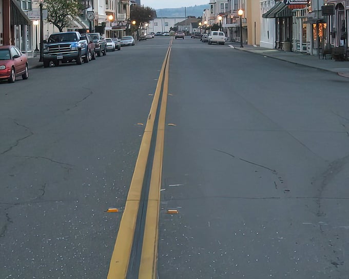 Main Street Ferndale at dusk – where the only traffic jam might be deciding which charming shop to visit first.