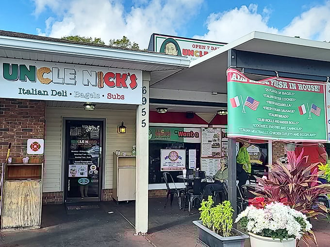 Red, white, and green proudly announce what awaits inside—authentic Italian flavors that transport you straight to the old country.