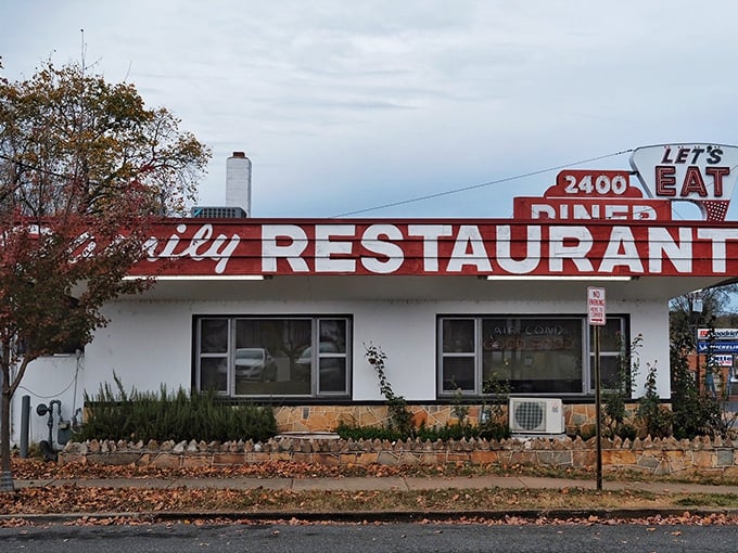 The iconic red and white exterior of Twenty Four Hundred Diner stands as a beacon of breakfast hope on Princess Anne Street. That "Let's Eat" sign isn't just an invitation—it's a command worth following.