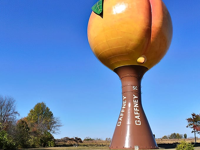 The Peachoid looms large over I-85, a peachy sentinel standing guard while travelers do double-takes at its unmistakable silhouette.