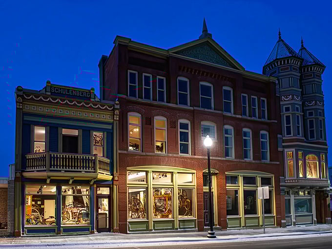 The historic Schulenberg Block building in New Bremen houses the Bicycle Museum of America, its red brick façade and ornate turret standing as proudly as a vintage Schwinn on display.